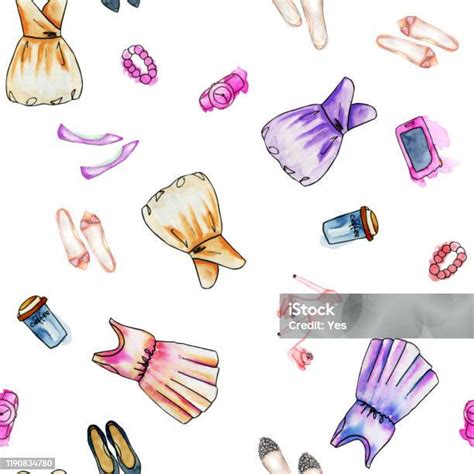 수채화 여성의 드레스와 액세서리 흰색 배경에 손으로 그린 원활한 패턴 0명에 대한 스톡 벡터 아트 및 기타 이미지 0명 개인 장식품 드레스 Istock