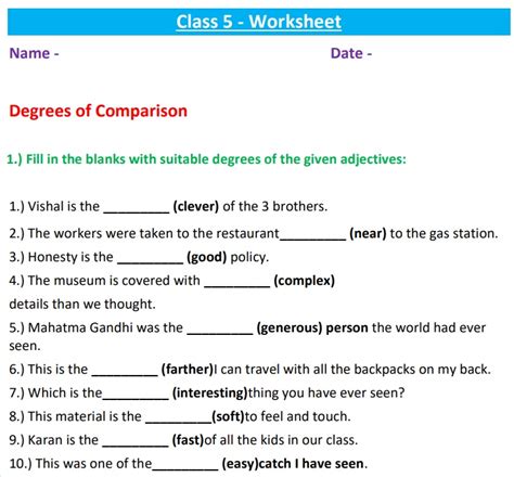 Degrees Of Comparison Of Adjectives Exercises Elementary Com
