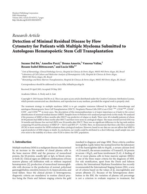 Pdf Detection Of Minimal Residual Disease By Flow Cytometry For Patients With Multiple Myeloma