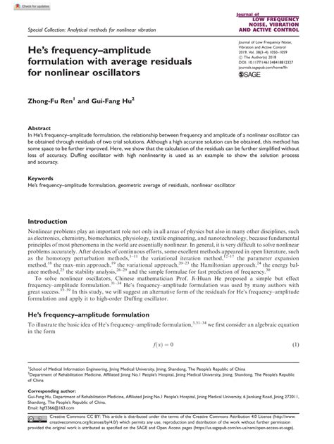 Pdf Hes Frequency Amplitude Formulation With Average Residuals For Nonlinear Oscillators