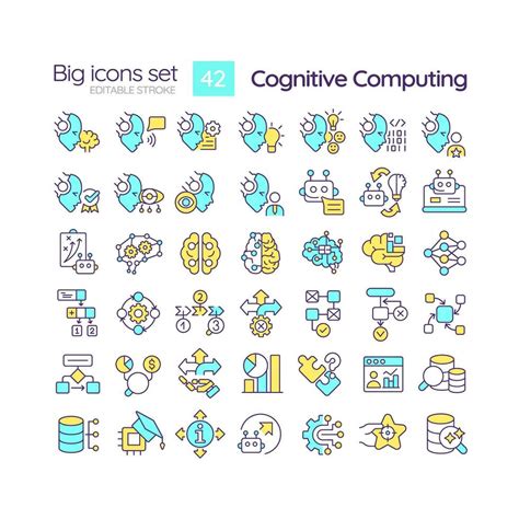 2d Editable Multicolor Big Thin Line Icons Set Representing Cognitive Computing Isolated Simple