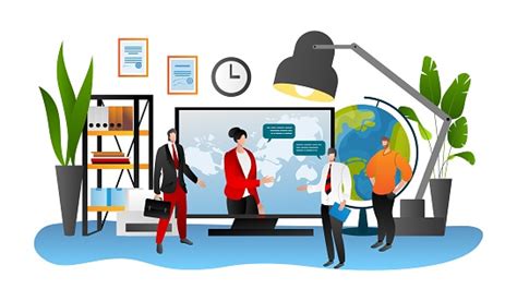 투자자 플랫 피플 컨셉 벡터 일러스트레이션과 노트북 미팅 사업가는 컴퓨터로 비즈니스 전문 인물 캐릭터와 이야기합니다 개념에 대한