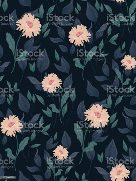 섬세한 핑크 꽃 단풍과 장식 꽃 무늬 어두운 배경에 아스터 꽃과 다양한 잎과 매끄러운 패턴 파스텔 색상의 손으로 그린 식물벡터 일러스트레이션 0명에 대한 스톡 벡터 아트 및