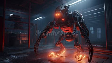 A Robot With Glowing Eyes Standing In A Dark Room With A Red Light Stock Illustration