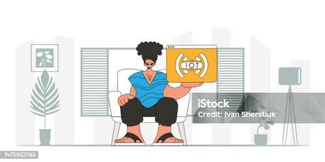 가이는 벡터 현대 문자 스타일로 바닥에 앉아있는 동안 Iot 로고를 들고 있습니다 그래픽 사용자 인터페이스에 대한 스톡 벡터 아트 및 기타 이미지 그래픽 사용자