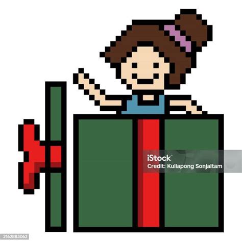 귀여운 픽셀 만화 8 비트 캐릭터 여자 선물 상자 생일 크리스마스 보너스 보상 깜짝 장식 8 비트 여성 소녀 선물 상자 쇼핑 보너스 크리스마스 날 게임 벡터를 제공합니다