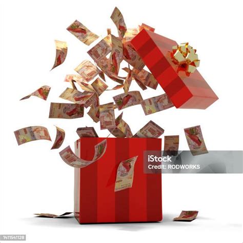 버뮤다 달러 지폐의 3d 렌더링은 열린 빨간 선물 상자에서 나오는 많은 것입니다 상자에서 날아 다니는 돈 0명에 대한 스톡 사진