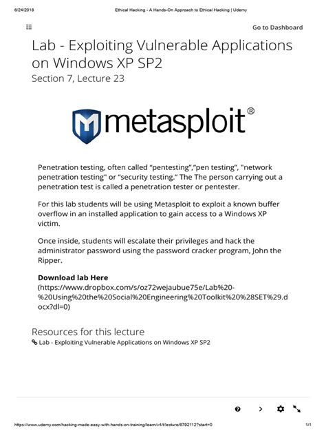 Lab Exploiting Vulnerable Applications On Windows Xp Sp2 Section 7 Lecture 23 Pdf