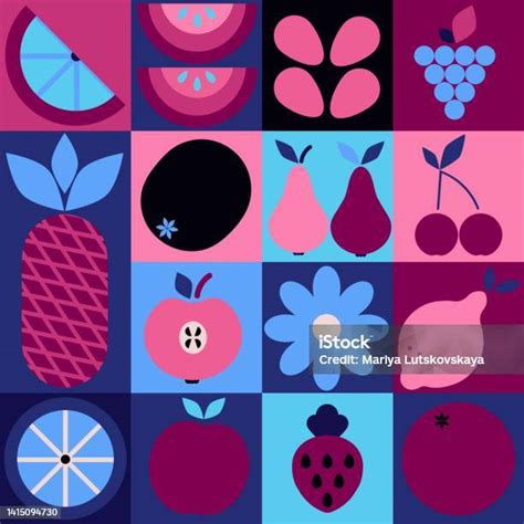 바우 하우스 과일 패턴이 매끄럽습니다 추상적인 기하학적 음식 밝고 다채로운 파란색과 분홍색 자연 유기 농업 배경 장식 섬유