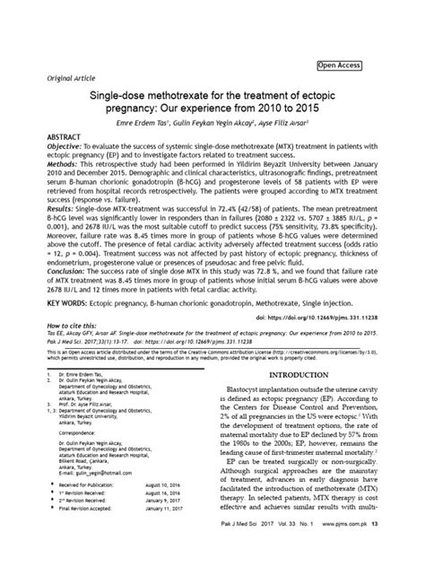 Single Dose Methotrexate For The Treatment Of Ectopic Pregnancy Our