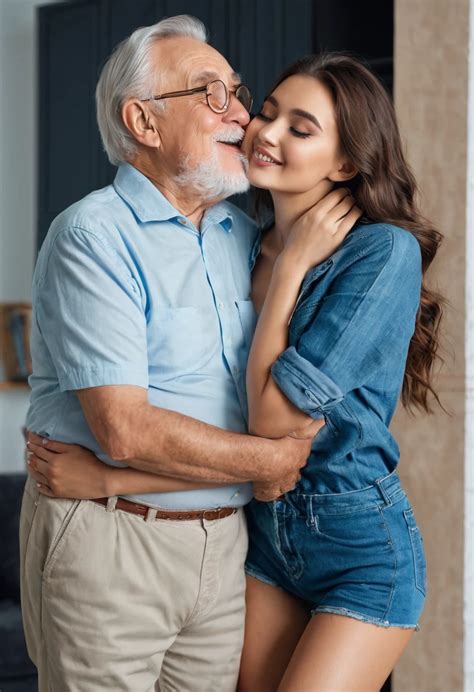 Grandpa Is Standing Next To A Beautiful Sexy Young Woman He Hugs Her