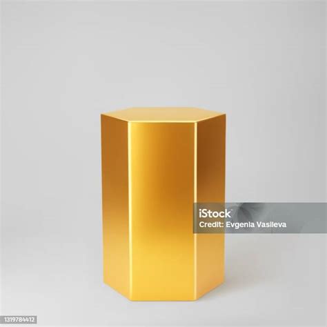 회색 배경에 고립 된 관점과 골드 3 D 육각 연단 육각형 모양 기둥 빈 박물관 무대 또는 받침대에서 제품 연단 모형 3d 기본 기하학적 모양 벡터 일러스트레이션 3차원