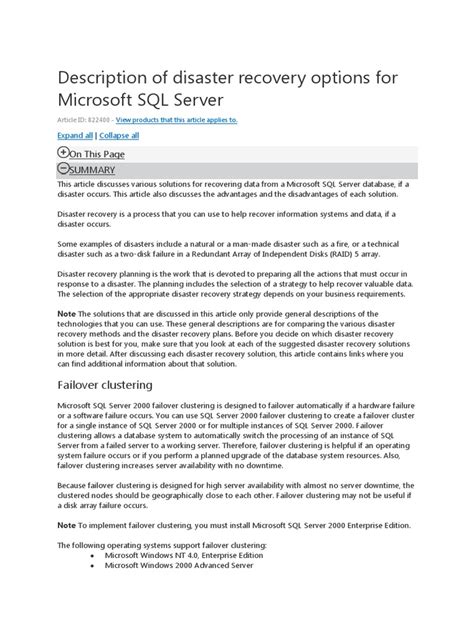 Disaster Recovery Options For Microsoft Sql Server Download Free Pdf Replication Computing