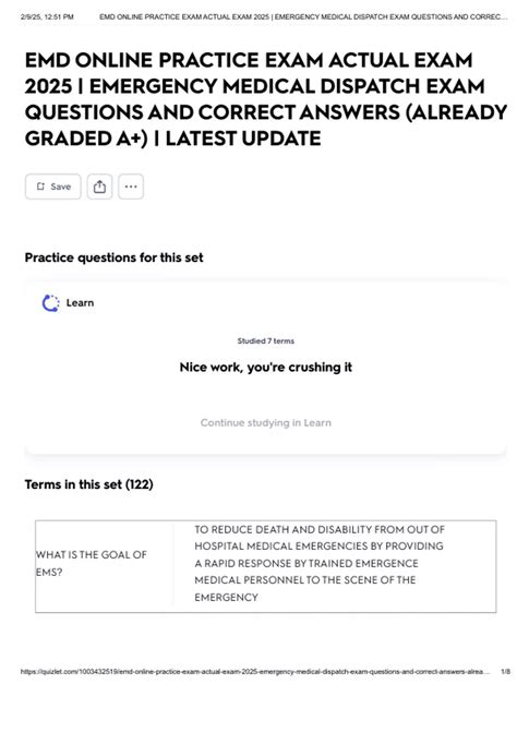 Emd Online Practice Exam Actual Exam 2025 Emergency Medical Dispatch Exam Questions And