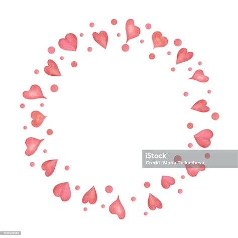 핑크 하트의 낭만적인 둥근 프레임 텍스트를 위한 공간입니다 흰색으로 분리된 수채화 그림 날짜 저장 발렌타인 데이 생일 및