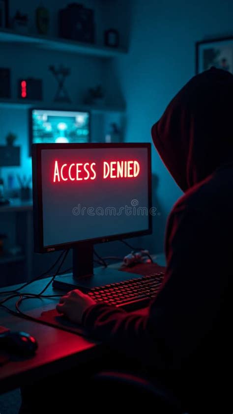 A Glowing Computer Monitor Displaying A Bold Access Denied Warning Stock Illustration