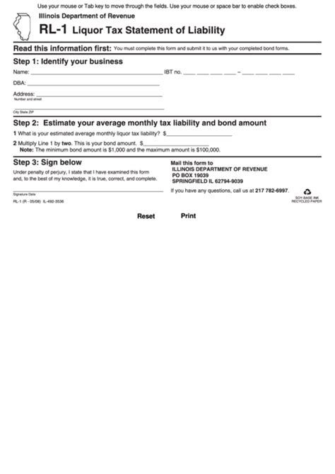 Fillable Form Rl 1 Liquor Tax Statement Of Liability Printable Pdf