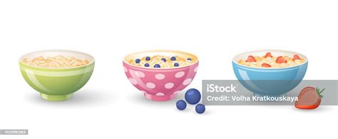 열매가 들어간 오트밀 죽 귀리 접시는 삶은 죽과 건강한 음식 귀리 플레이크 블루 베리 다채로운 그릇에 딸기가있는 아침 식사 세트 우유와 오트밀 요구르트 평면 디자인 벡터 3