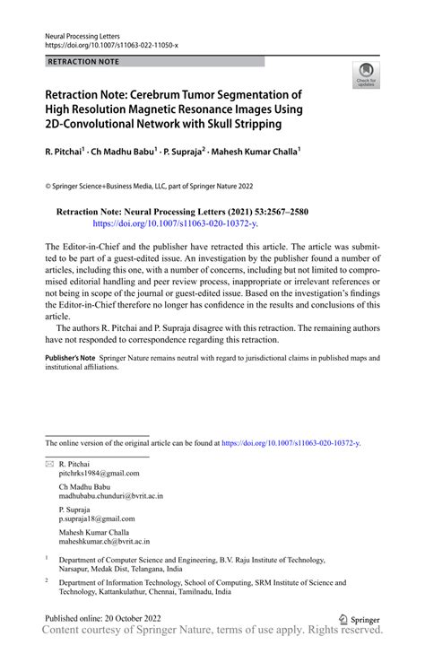 Retraction Note Cerebrum Tumor Segmentation Of High Resolution Magnetic Resonance Images Using
