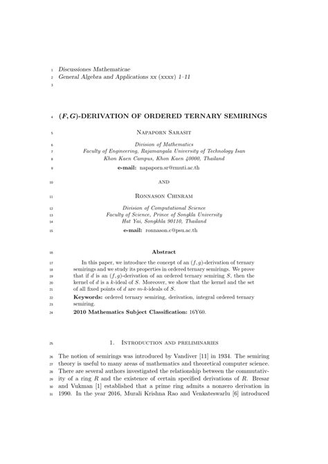 Pdf F G Derivation Of Ordered Ternary Semirings