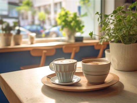 Dos Tazas De Café En Una Mesa Con Una Planta Al Fondo Foto Premium