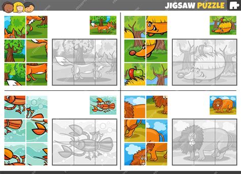 Premium Vector Jigsaw Puzzle Games Set With Cartoon Wild Animals
