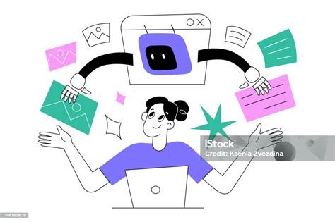 Ai는 인간을 위한 이미지를 생성하고 사람은 인공 지능 봇이 아트웍 벡터 일러스트레이션을 생성하도록 프롬프트를 입력합니다 생성형 인공지능에 대한 스톡 벡터 아트 및 기타