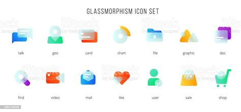 그라데이션 흐림 및 투명도가 있는 유리 모피즘 스타일의 현대 트렌드의 벡터 아이콘 세트입니다 컬렉션에는 단일 스타일로 다른 색상의 14 개의 아이콘이 포함되어 있습니다