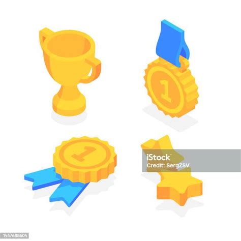 황금 트로피 컵 5 점 금색 별 리본이 달린 금메달 흰색 배경에 격리된 평면 3d 벡터 아이소메트릭 그림 3차원 형태에 대한 스톡 벡터 아트 및 기타 이미지 Istock