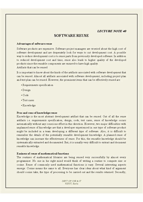 Reuse Approaches In Software Development Lecture Notes Cse It