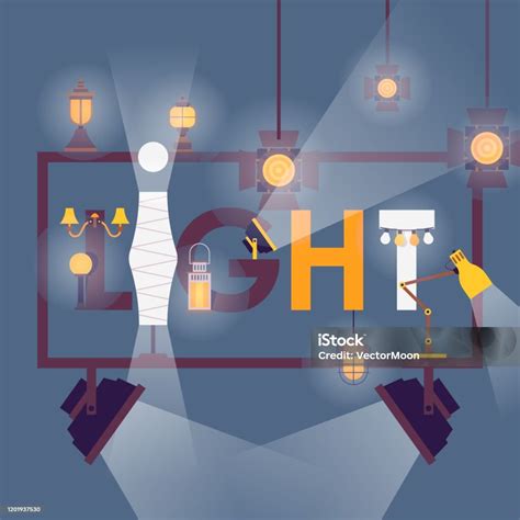 조명 장비 포스터 벡터 일러스트레이션 인테리어 디자인 및 전문 스튜디오 램프 스포트라이트 및 랜턴용 조명 크리에이티브 타이포그래피 컨셉 스토어 카탈로그 커버 0명에 대한