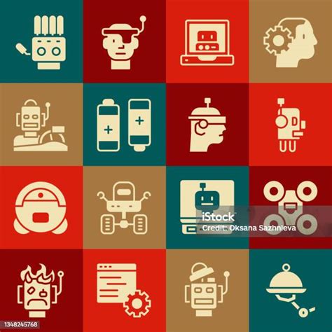 설정 웨이터 로봇 무인 항공기 로봇 만들기 배터리 휴머노이드 운전 자동차 기계 손과 스마트 안경 아이콘 벡터 가공의 인물에 대한