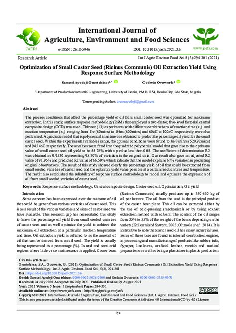 Pdf Optimization Of Small Castor Seed Ricinus Communis Oil Extraction Yield Using Response