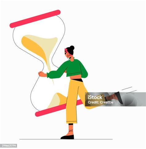 모래 시계를 들고 달리는 여자 에서 시간 관리 생산성 및 긴급성을 상징하는 평면 벡터 일러스트 레이 션 흰색 배경에 고립 된 결심에 대한 스톡 벡터 아트 및 기타 이미지