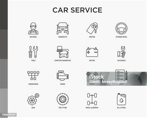 자동차 서비스 얇은 라인 아이콘 세트 정비사 컴퓨터 진단 점화 스티어링 휠 배터리 변속기 엔진 피스톤 오일 가솔린 타이어 피팅