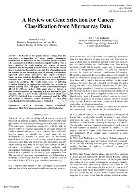 pdf ijert a review on gene selection for cancer classification from microarray data