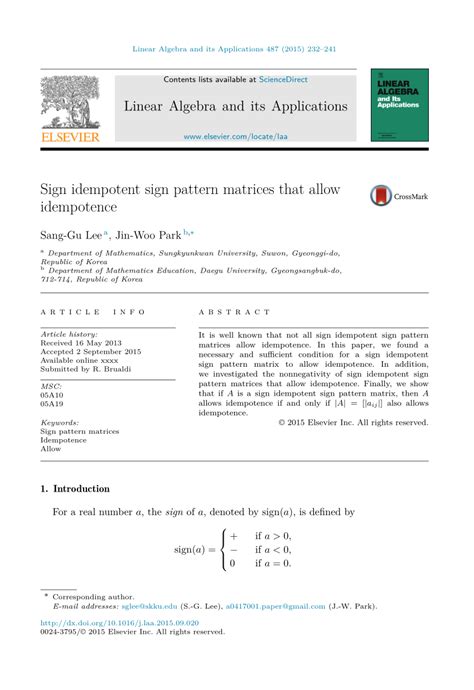Pdf Sign Idempotent Sign Pattern Matrices That Allow Idempotence