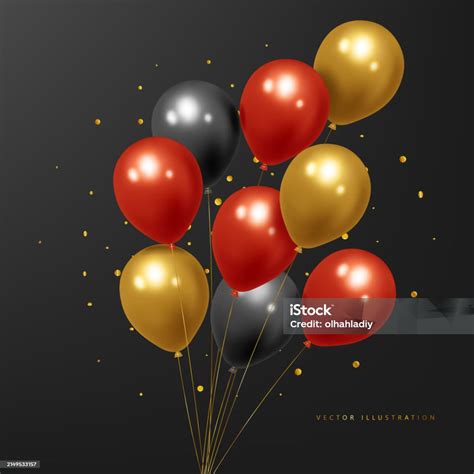 축제 사실적인 풍선 블랙 레드 골드 풍선이 있는 축하 디자인 3d 벡터 일러스트 레이 션 3차원 형태에 대한 스톡 벡터 아트 및 기타 이미지 Istock