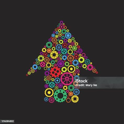 밝은 화려한 기어와 바퀴의 기계 업 화살표 검은 색에 격리 창조적 인 새로운 기술 아이콘 개념에 대한 스톡 벡터 아트 및 기타 이미지 Istock