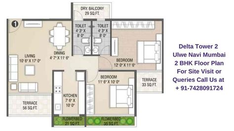 2 Bhk Floor Plan With 2 Beds And 3 Bathrooms