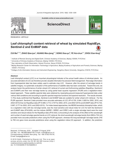 Pdf Leaf Chlorophyll Content Retrieval Of Wheat By Simulated Rapideye Sentinel 2 And Enmap Data