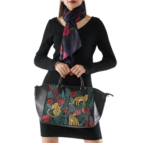 Buy Sukriti Black Leopard And Floral Pattern Genuine Leather Satchel Bag With Matching Silk