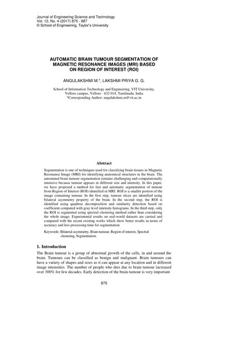 Pdf Automatic Brain Tumour Segmentation Of Magnetic Resonance Images Mri Based On Region Of