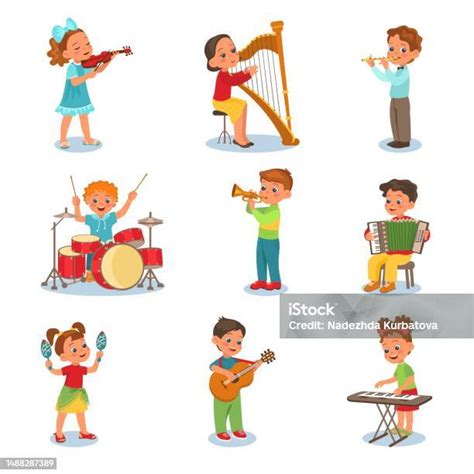악기를 연주하는 아이들 작은 음악가 바이올린을 가진 소년 소녀들 뮤지컬 공연 하프 또는 아코디언 연주자 오케스트라 콘서트 드럼과 기타 스플렌디드 벡터 세트 아이에 대한 스톡