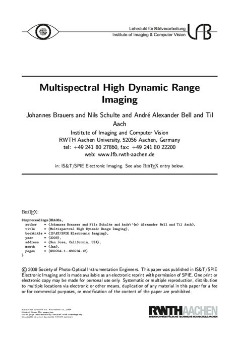Pdf Multispectral High Dynamic Range Imaging