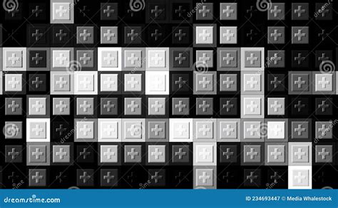 Abstract Rows Of Blinking Monochrome Squares With A Plus Icon On A