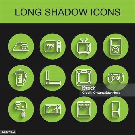 세트 라인 전기 믹서 전자 레인지 다리미 오븐 냉장고 라우터 및 Wifi 신호 게임 패드 및 욕실 저울 아이콘 벡터 Brand Name Video Game에 대한 스톡 벡터