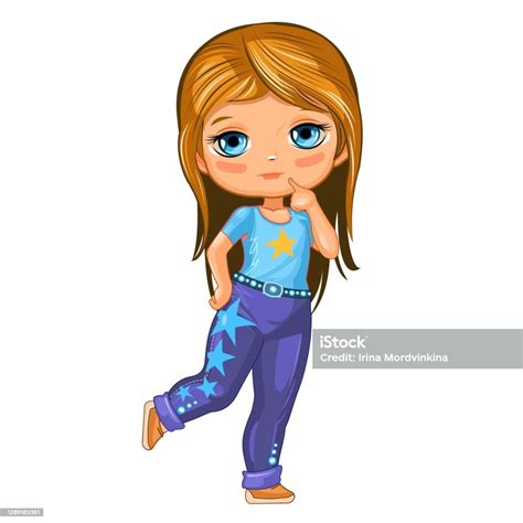 별과 청바지에 귀여운 어린 소녀 좋은 분위기에서 쾌활한 재미있는 아이 흰색 배경의 격리된 개체입니다 비치웨어를 입은 어린 아기 만화 플랫 스타일 벡터 T 셔츠에 대한 스톡