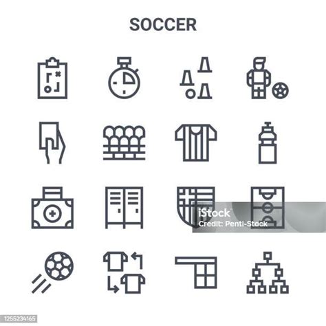 16 축구 개념 벡터 라인 아이콘의 세트 스톱워치 카드 물병 축구 축구 축구 심판 건강관리와 의술에 대한 스톡 벡터 아트 및 기타 이미지 Istock