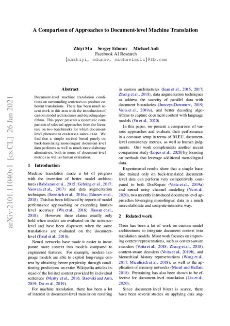 Pdf Comparing Document Level Machine Translation Methods